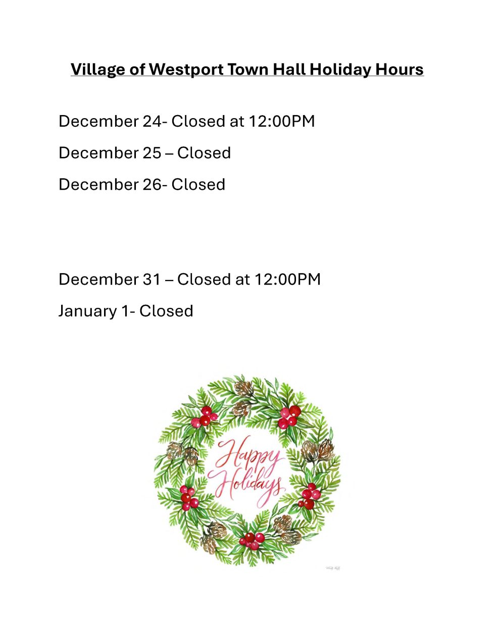 Village of Westport Town Hall Hours. | Village of Westport